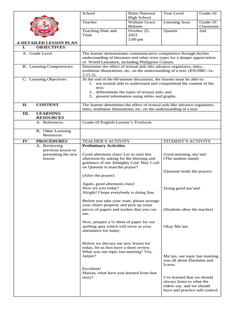 Grade-10 English Lesson Plan | PDF | Learning | Lesson Plan