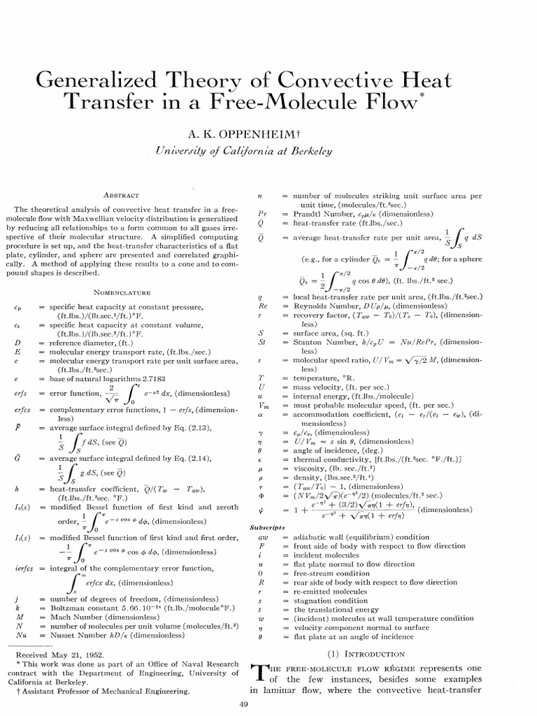 Generalized Theory of Convective Heat Transfer in A Freemolecule 1953 ...