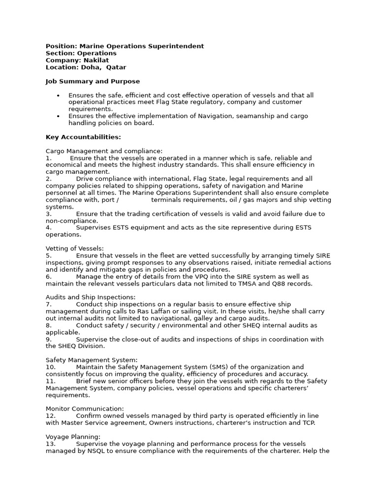 JD Marine Operations Superintendent | PDF | Audit | Regulatory Compliance