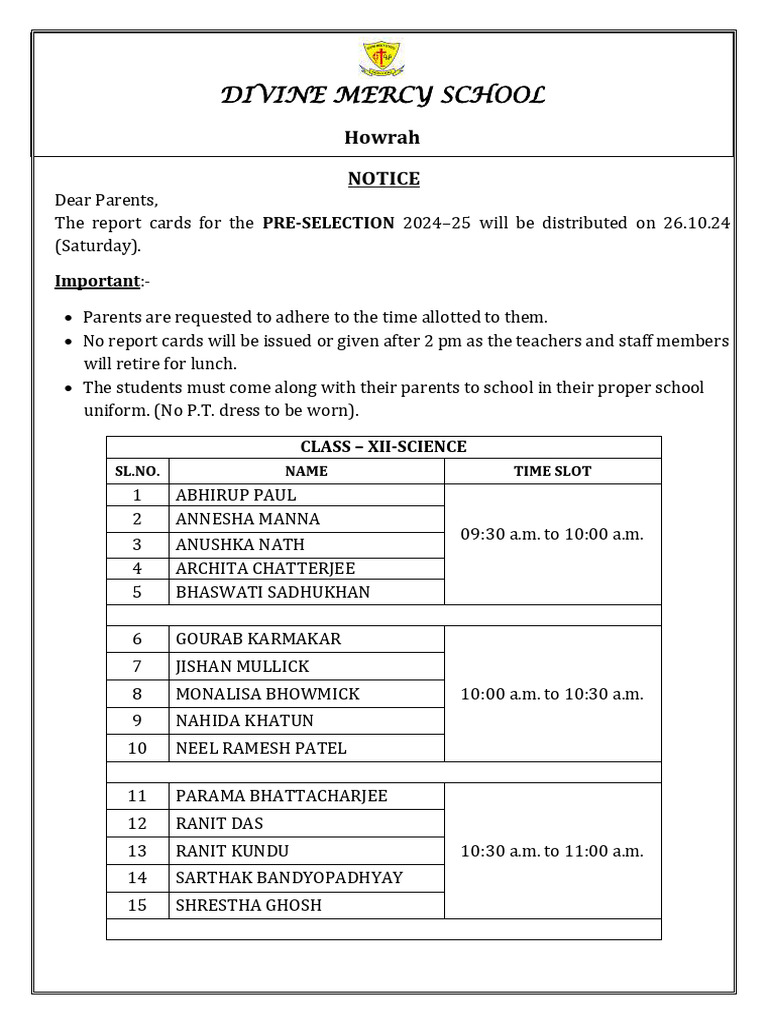 XII SCIENCE Pre-Selection Report Card Timing Notice 2024-25 | PDF