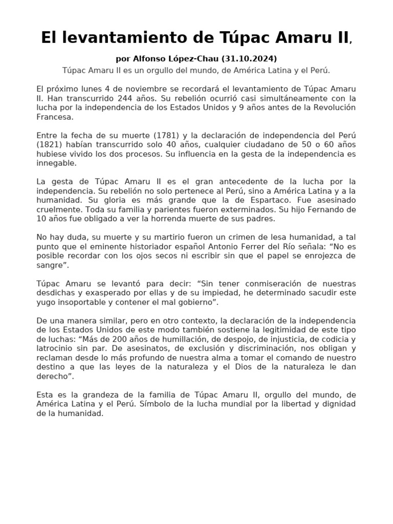 El Levantamiento de Túpac Amaru II, Por Alfonso López-Chau (31.10.2024) | PDF