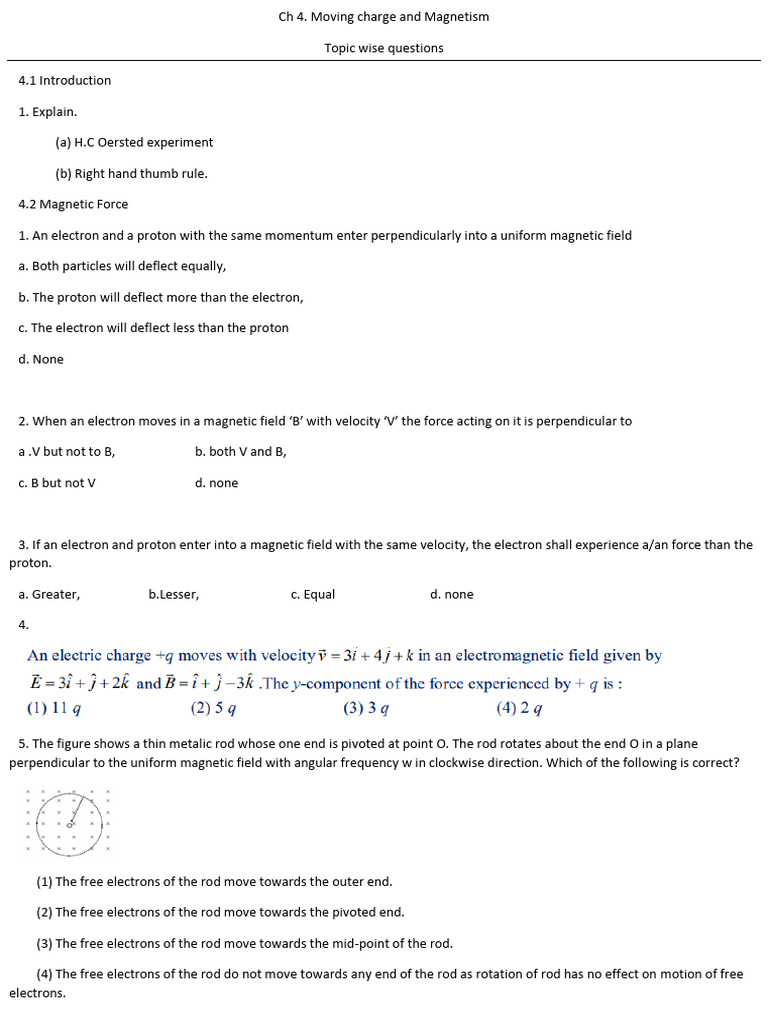 CH 4 Moving Charge and Magnetism HW | PDF | Magnetic Field | Electron
