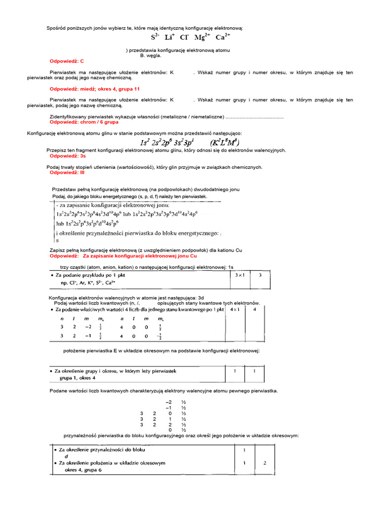 04 Konfiguracja Elektronowa Atomów - Odpowiedzi Do Zadań | PDF