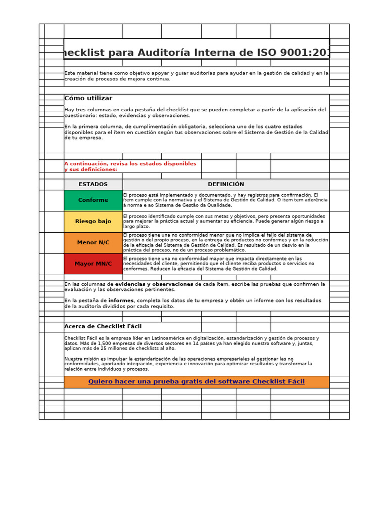 Es Modelo de Checklist Auditoria Interna de ISO 9001 | PDF | Calidad (comercial) | Sistema de ...