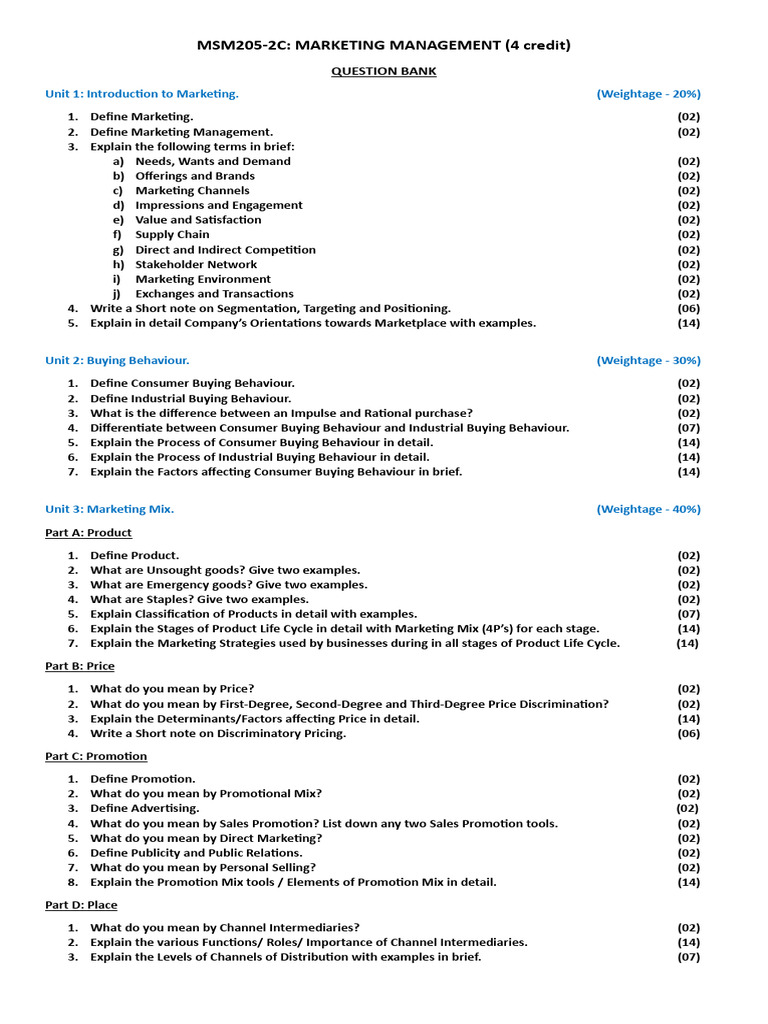 Marketing Management Question Bank | PDF | Marketing | Business Process
