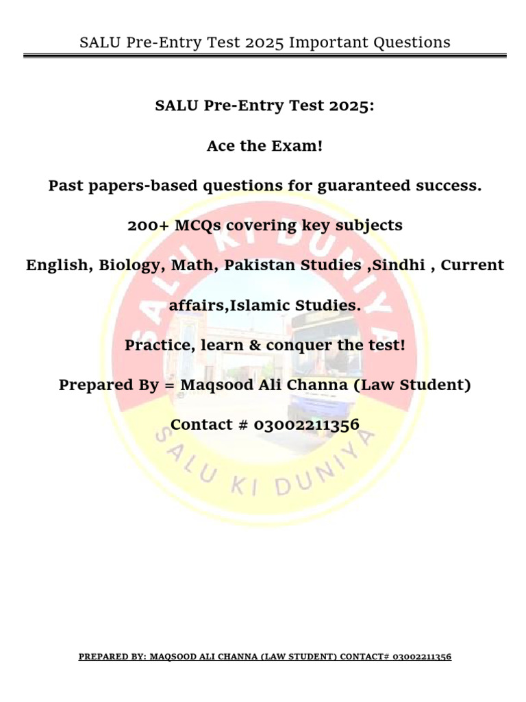 SALU Pre-Entry Test 2025 Important Questions | PDF | Force | Cell (Biology)