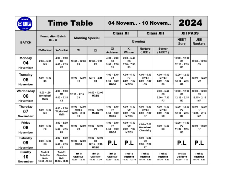 New Batch Time Table 4 November To 10 November 2024 | PDF