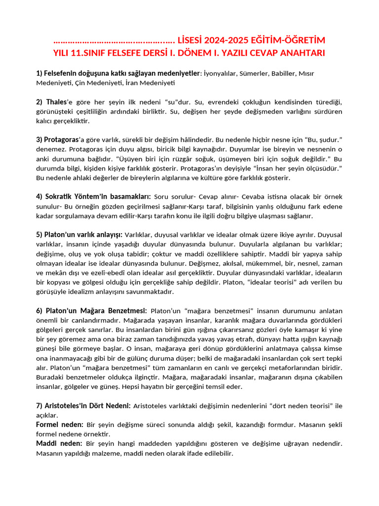 11 Sinif Felsefe 1 Donem 1 Yazili Cevap Anahtari | PDF