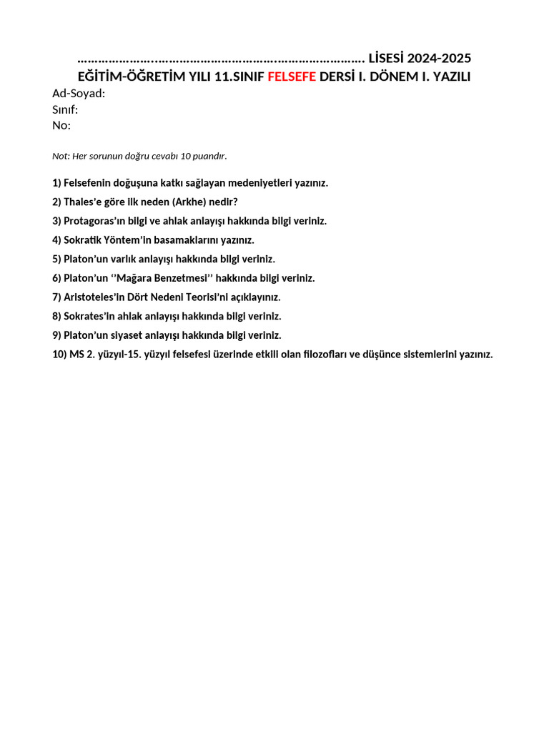 11 Sinif Felsefe 1 Donem 1 Yazili | PDF