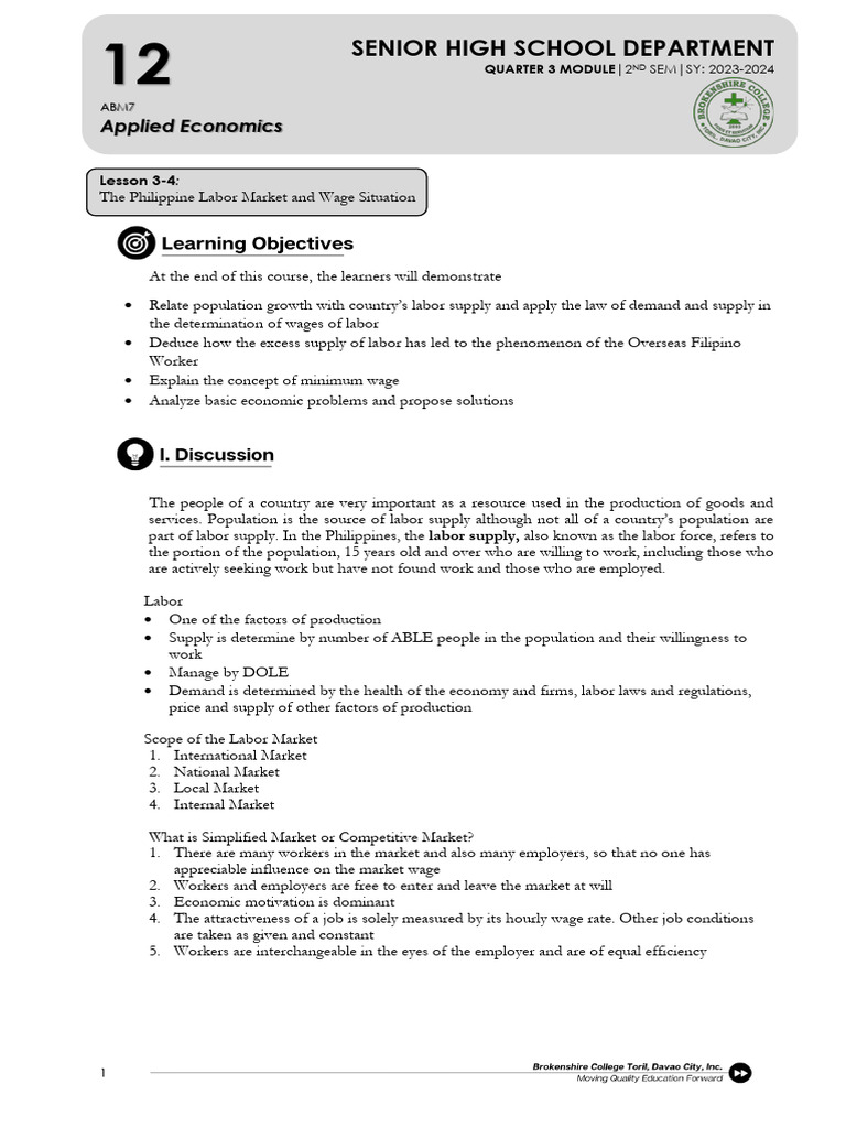 Applied Economics Lesson 3 4 Philippine Labor Market | PDF | Cost Of ...