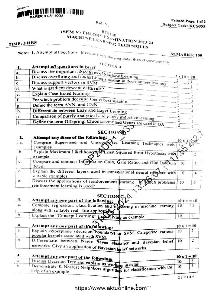 Btech Cs 5 Sem Machine Learning Techniques Kcs055 Jan 2024 | PDF