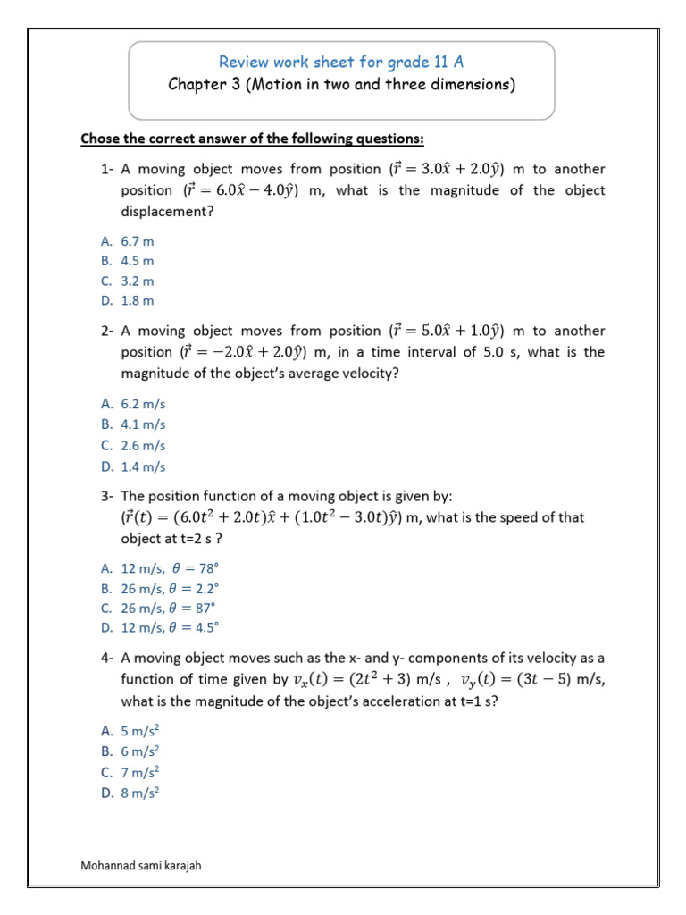Grade 11 Motion Questions and Answers | PDF | Velocity | Acceleration
