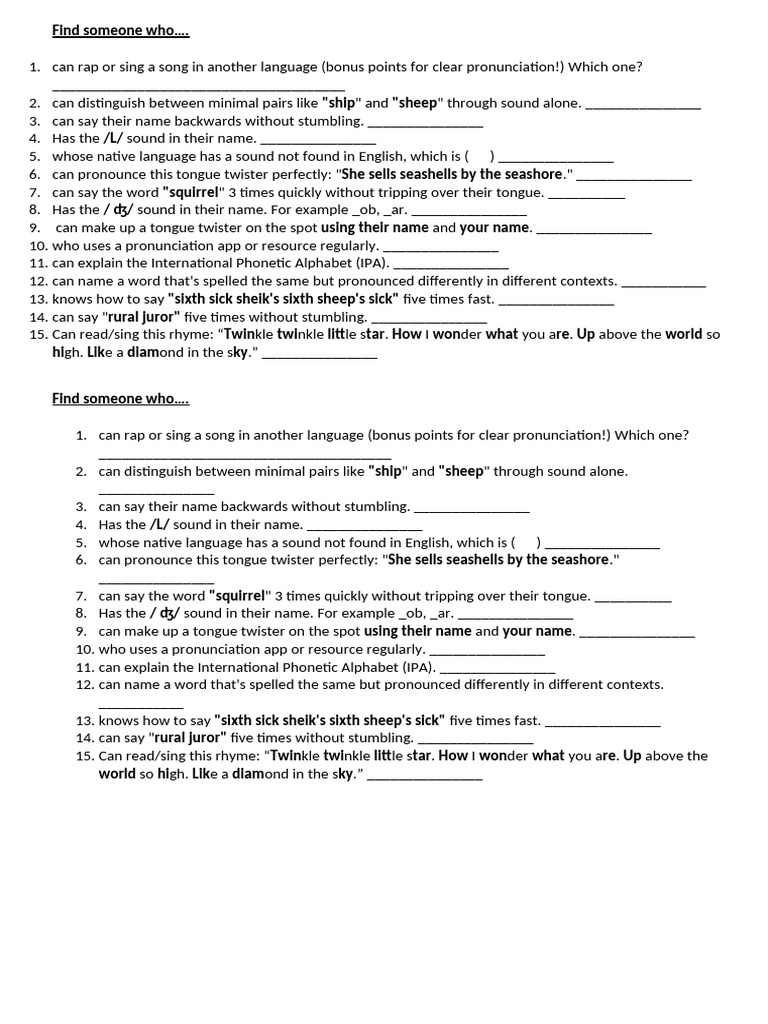 FIND SOMEONE WHO Review Parts 1-4 | PDF | English Language | Linguistics