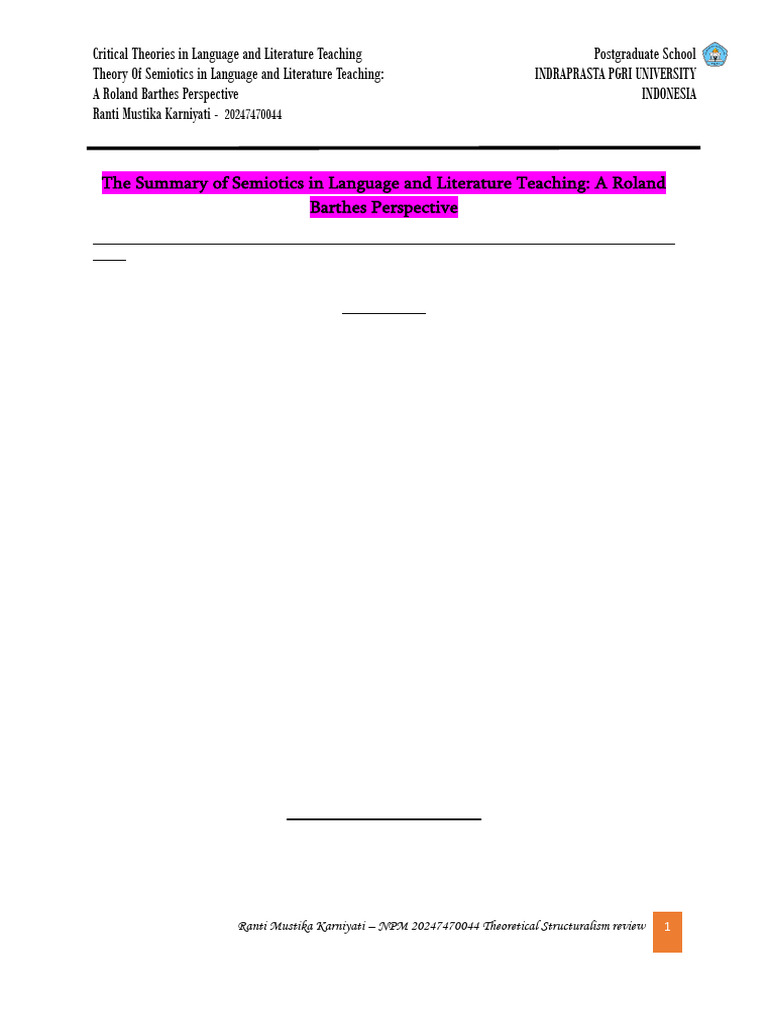Ranti Mustika - NPM 20247470044 Resume Structuralism by Semiotics in Language and Literature ...