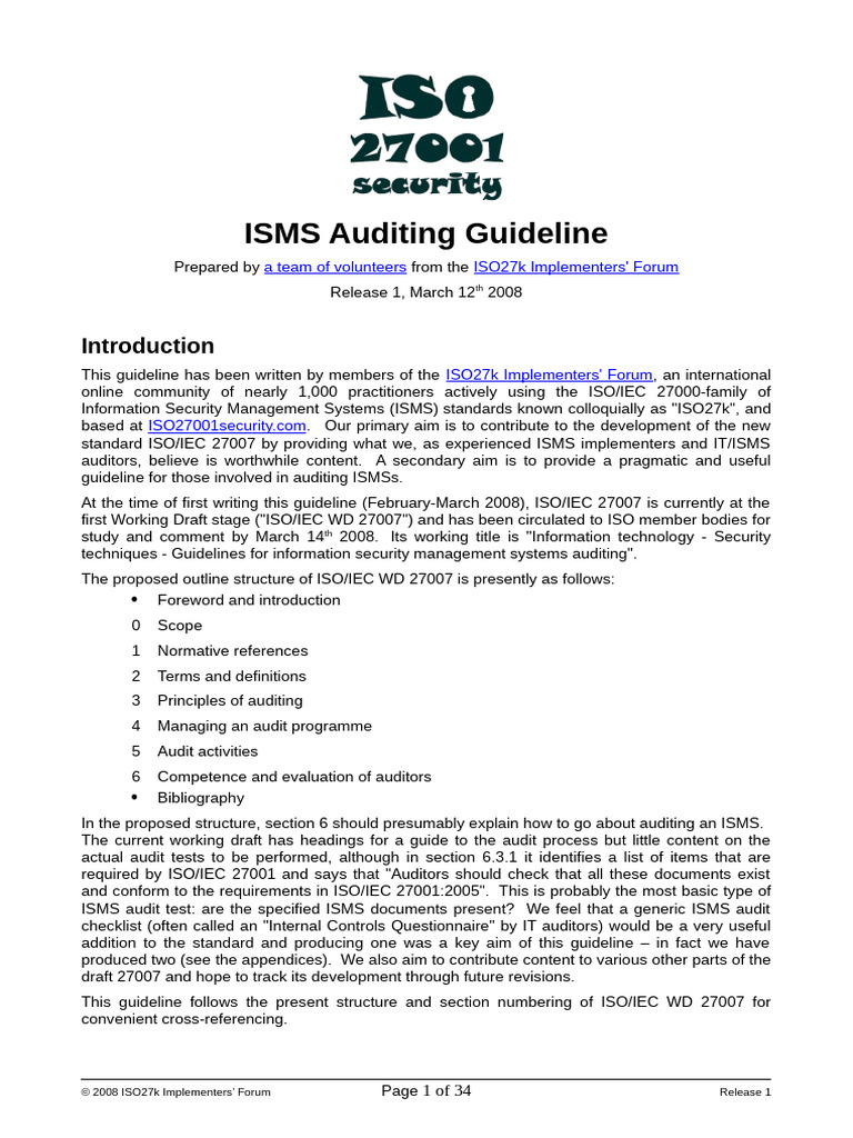 ISO27k ISMS Auditing Guideline Release 1 | PDF | Audit | Information ...