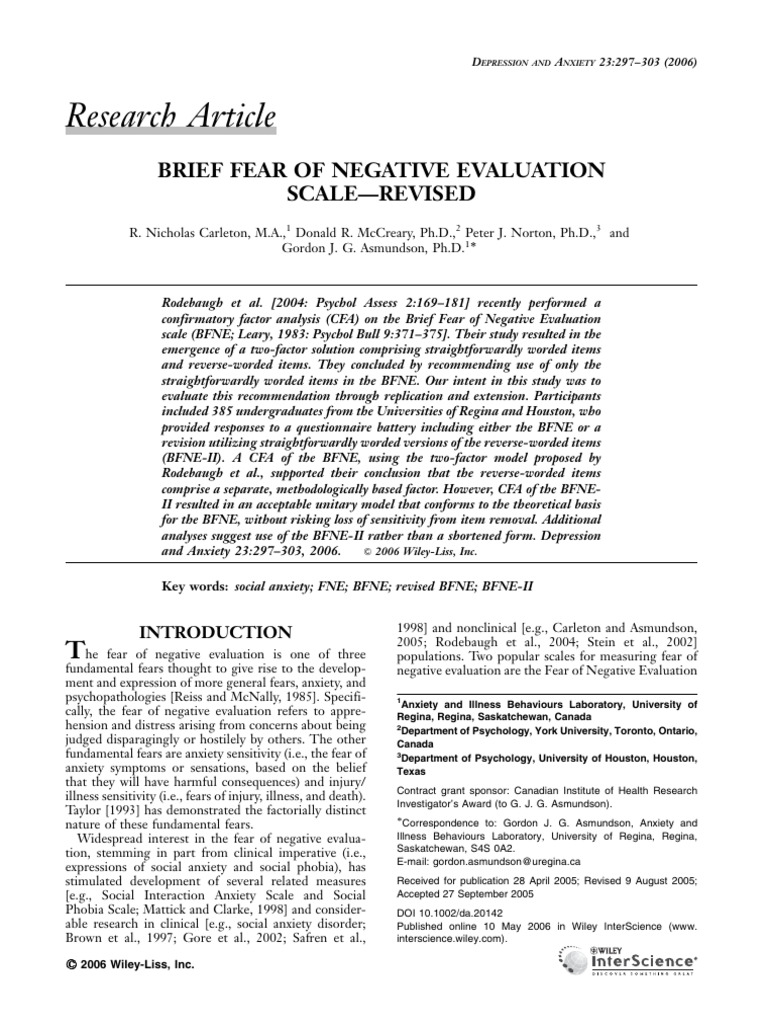 Brief Fear of Negative Evaluation Scale | PDF | Standard Deviation ...
