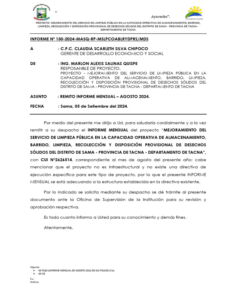 Informe #130-2024 Remito Informe Mensual Agosto 2024 | PDF