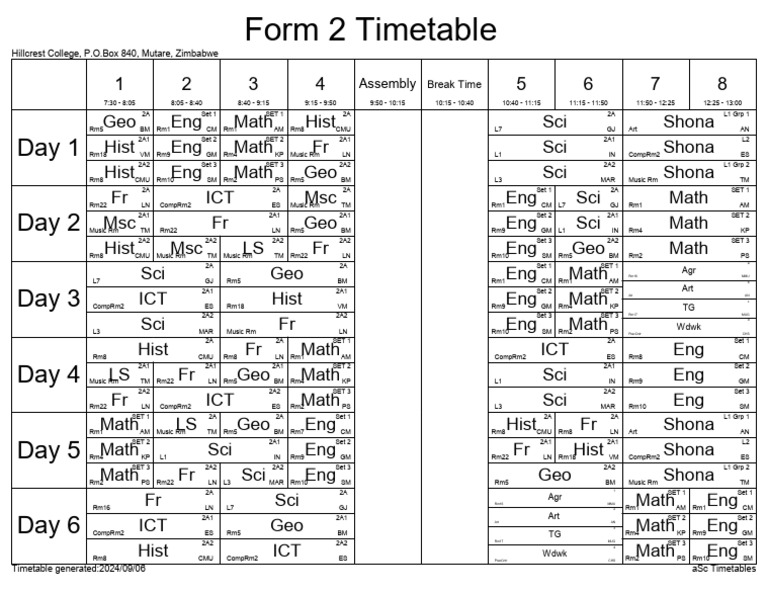 Form 2 Third Term Timetable | PDF