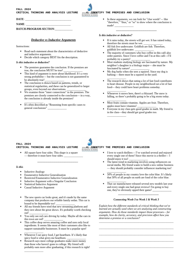 Week 3 - Worksheet-5 - Inductive Vs Deductive Arguments | PDF | Inductive Reasoning | Argument