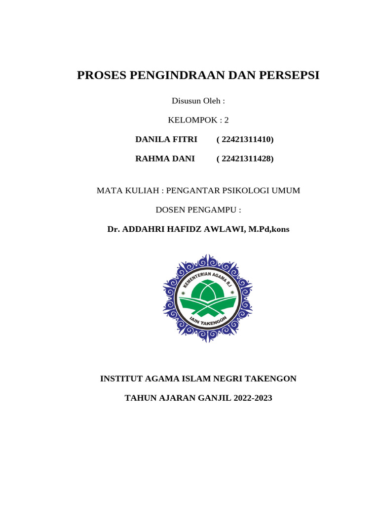 Makalah Proses Pengindraan Dan Persepsi | PDF
