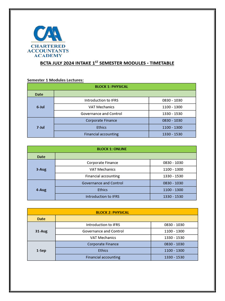 Bcta July Intake First Semester Modules - 2024 Timetable-1 | PDF ...