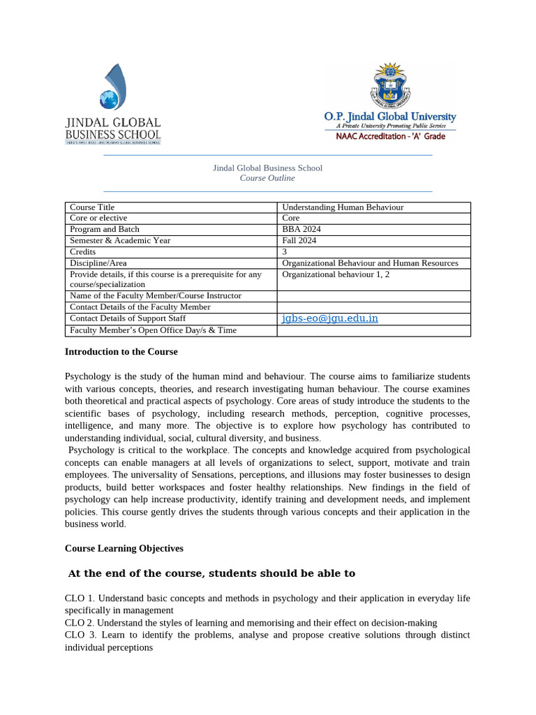 UHB Course Outline-BBA-Fall 2024 | PDF | Psychology | Perception