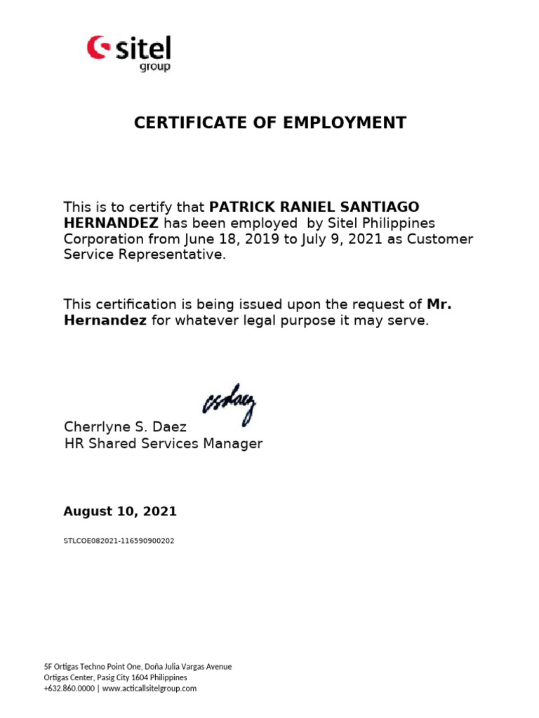 Certificate of Employment for Patrick Hernandez | PDF