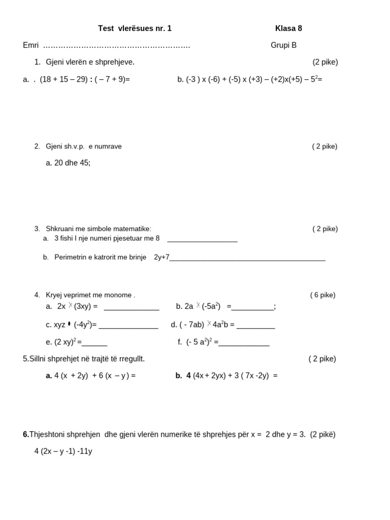 Test Vleresues Matematike 8 (Ndërmjetës) Per Klase 8 GR A | PDF