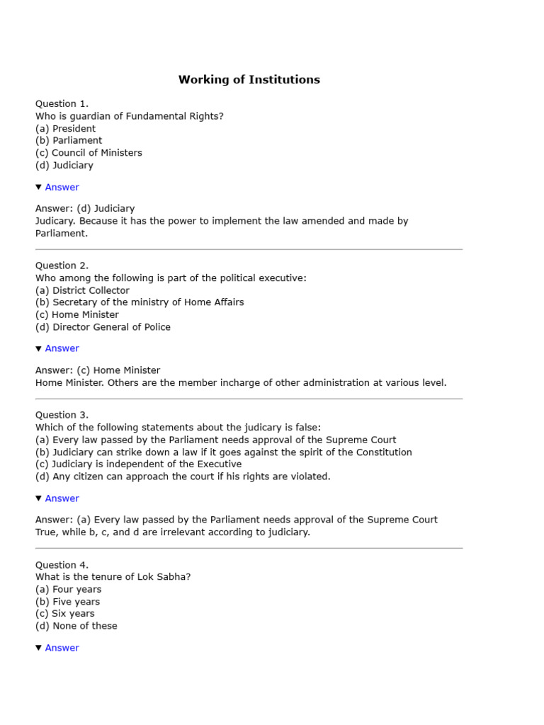 Working of Institutions - MCQ Questions (Class-9) | PDF | Government ...