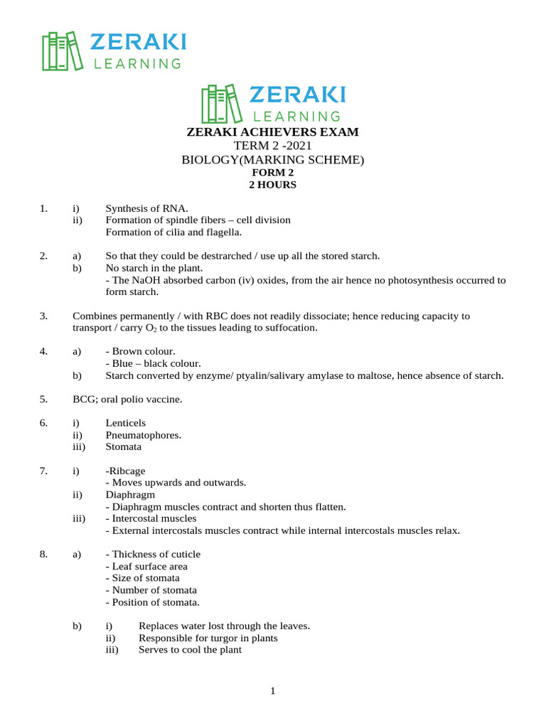 Biology - Biology Form 2 - Zeraki Achievers 2.0 - Marking Scheme | PDF ...
