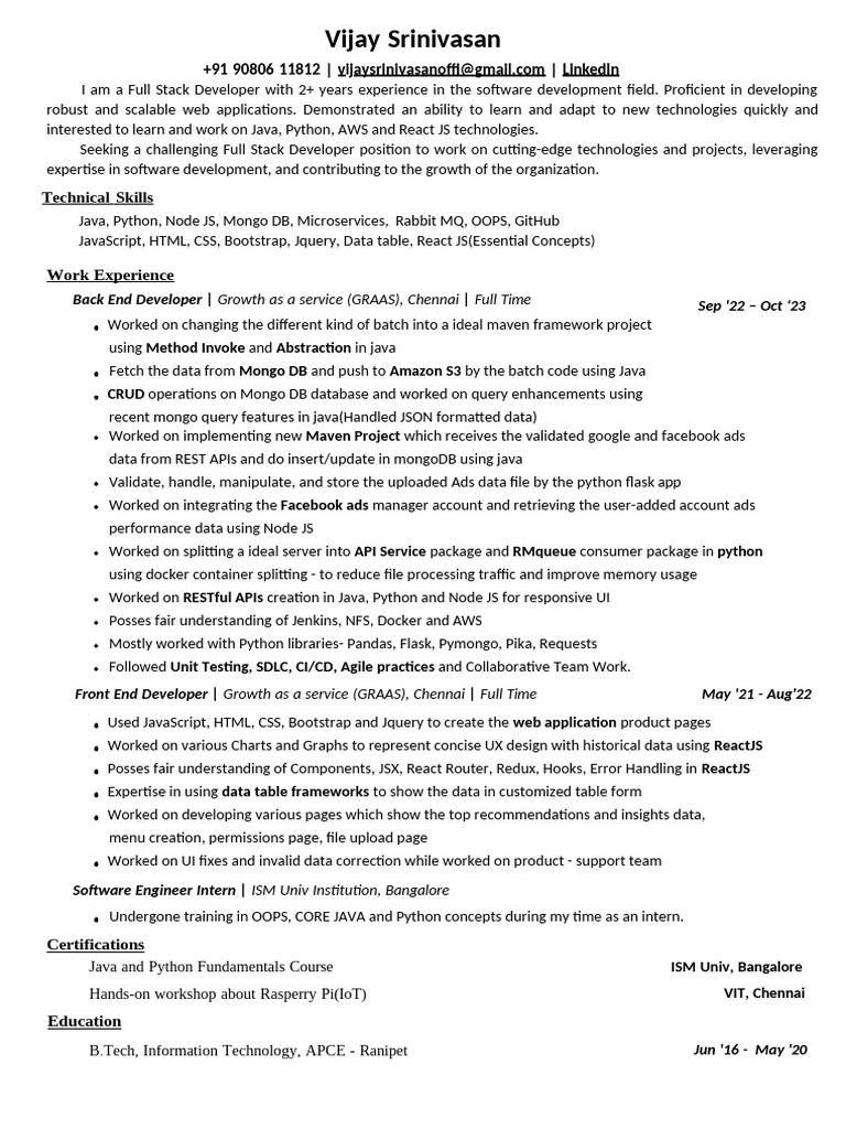 Resume Vijay Srinivasan | PDF | Mongo Db | Java (Programming Language)