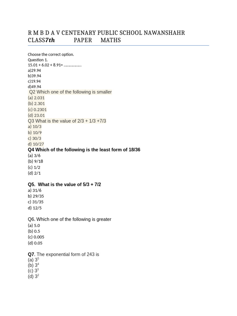Class 7 Maths Exam Paper | PDF