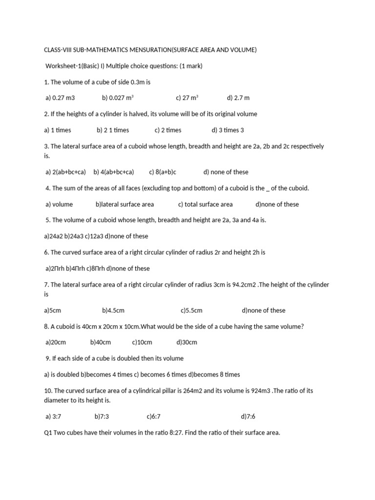 Class 8 Math: Surface Area & Volume | PDF