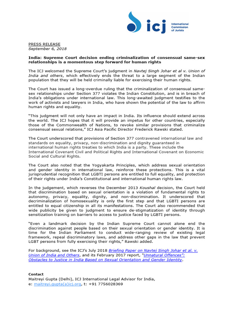 ICJ - India Supreme Court Decision - Press Release.6 Sept | PDF ...