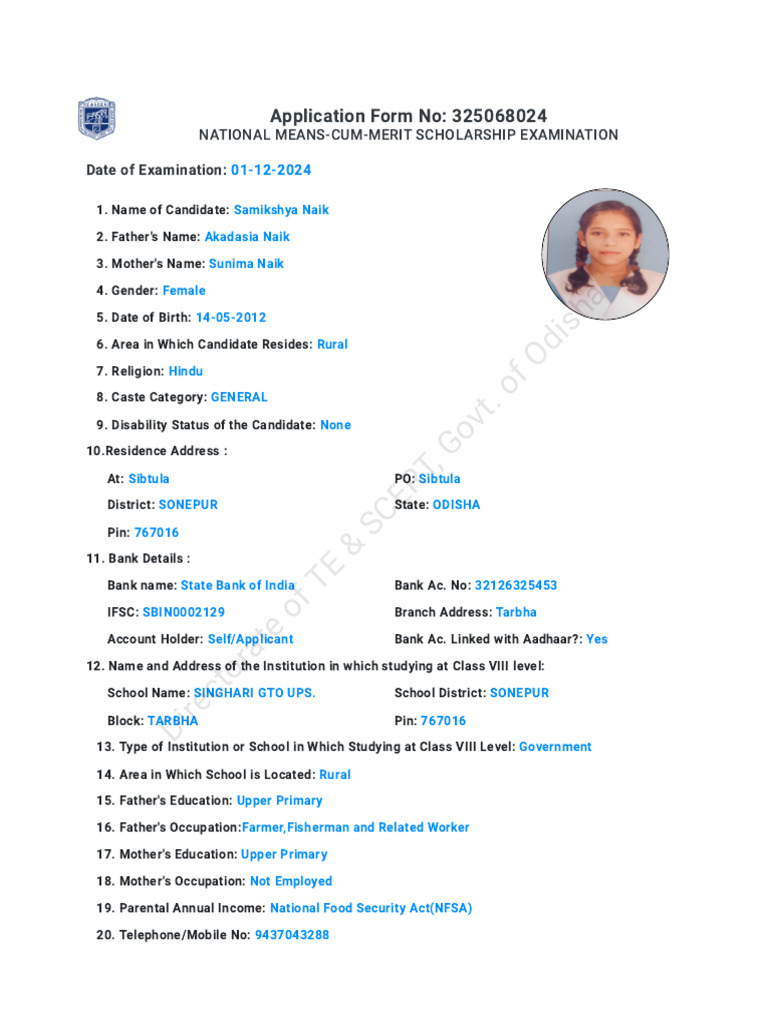 NMMS Exam Application for 8th Class | PDF