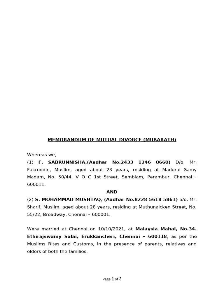 Memorandum of Mutual Divorce (Deed of Mubarath) | PDF | Marriage ...