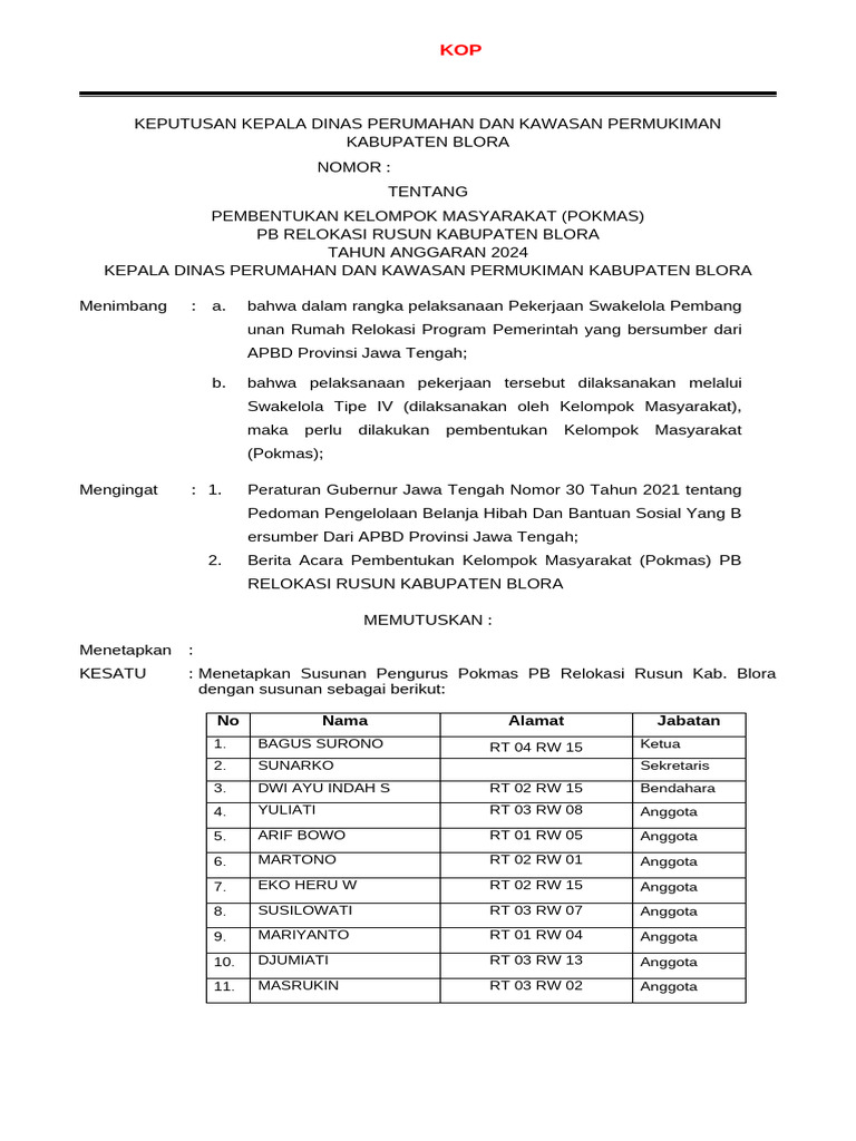Pembentukan Pokmas Relokasi Rusun Blora | PDF