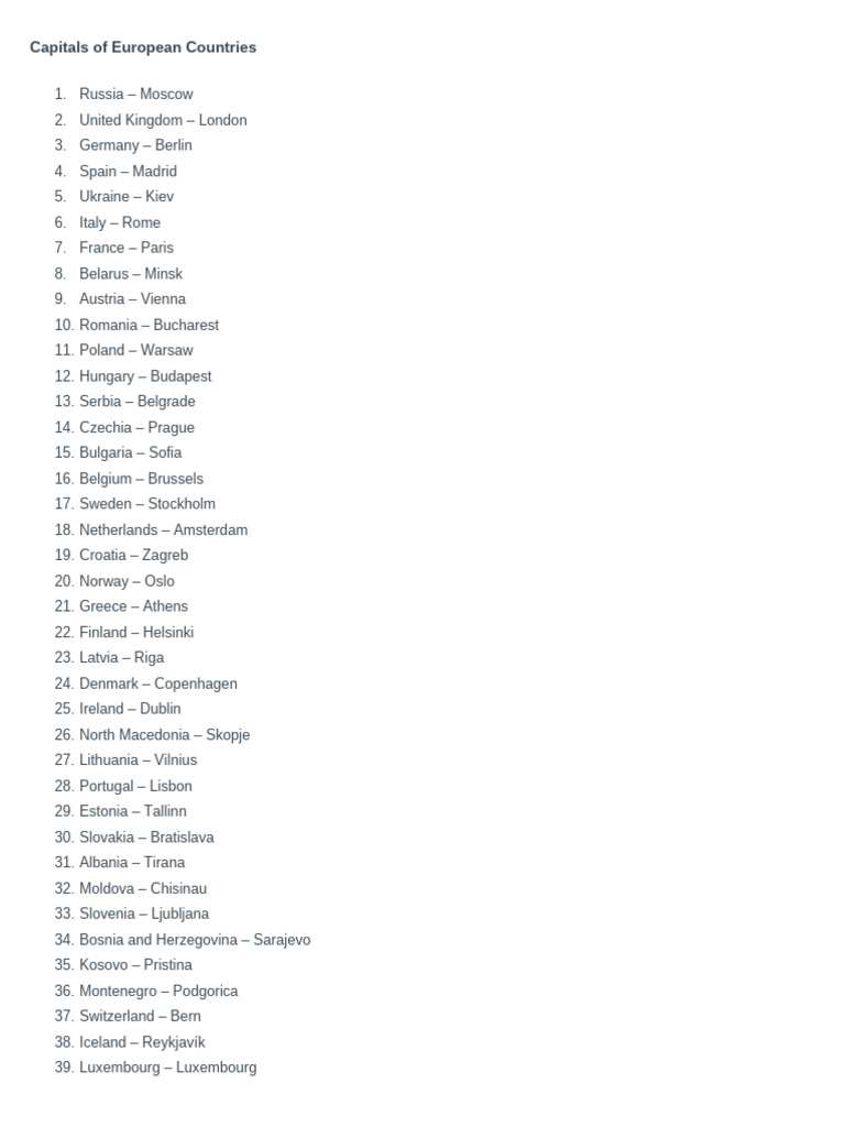 Capitals of European Countries | PDF | European Union | Urban Planning