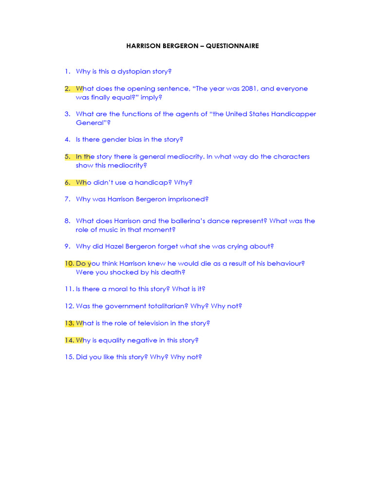 HARRISON BERGERON - Questionnaire - 2 | PDF | General Fiction