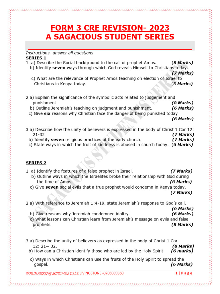 Cre Form 3 Revision Questions | PDF | Prophet | Jeremiah