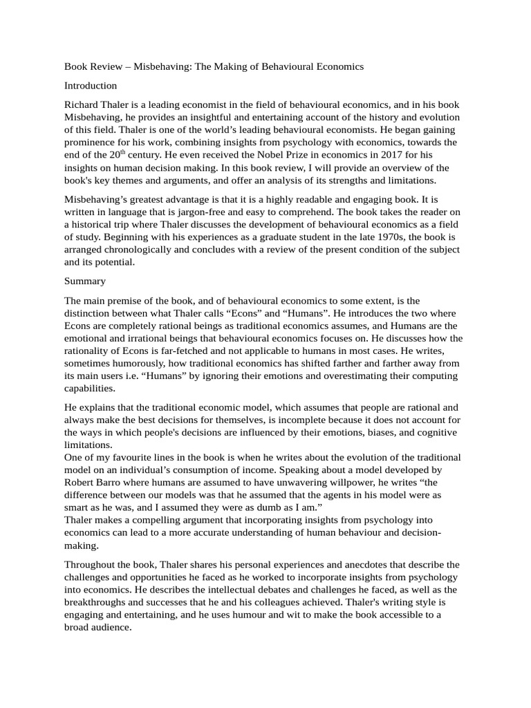 Misbehaving Book Review - Siddarth Raman | PDF | Behavioral Economics ...