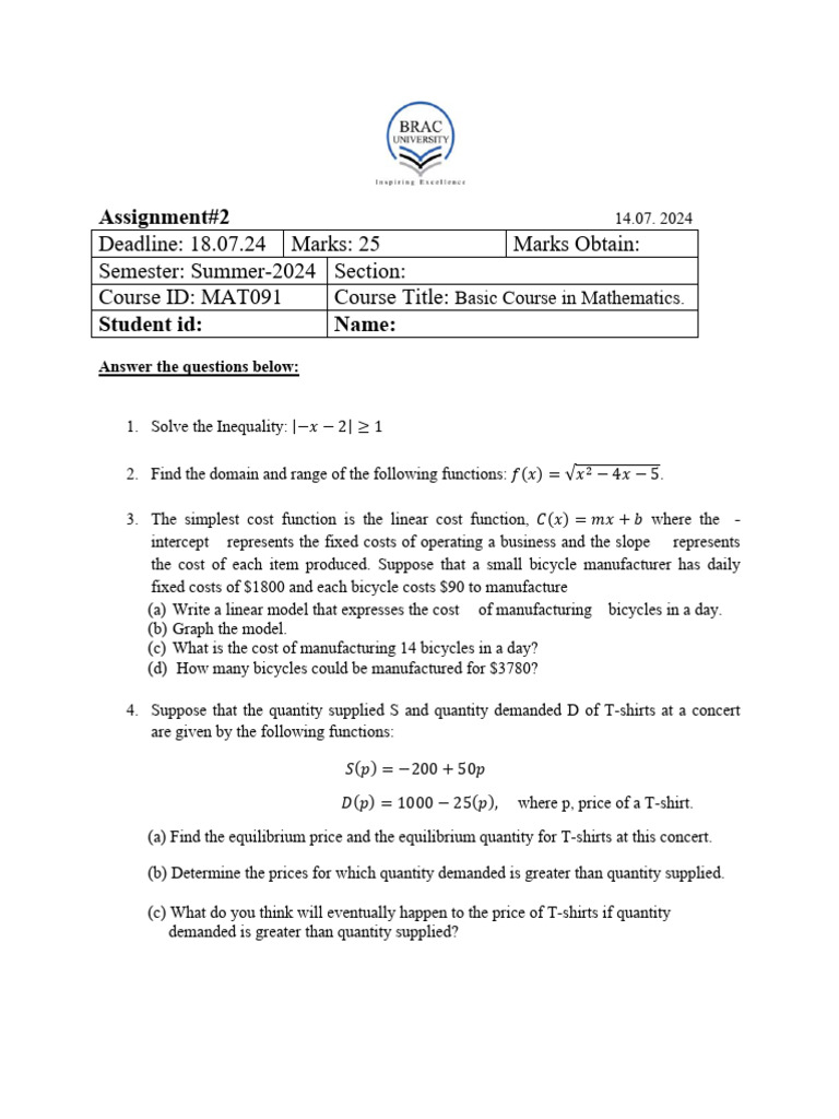 Summer 2024 MAT091 Assignment Guide | PDF