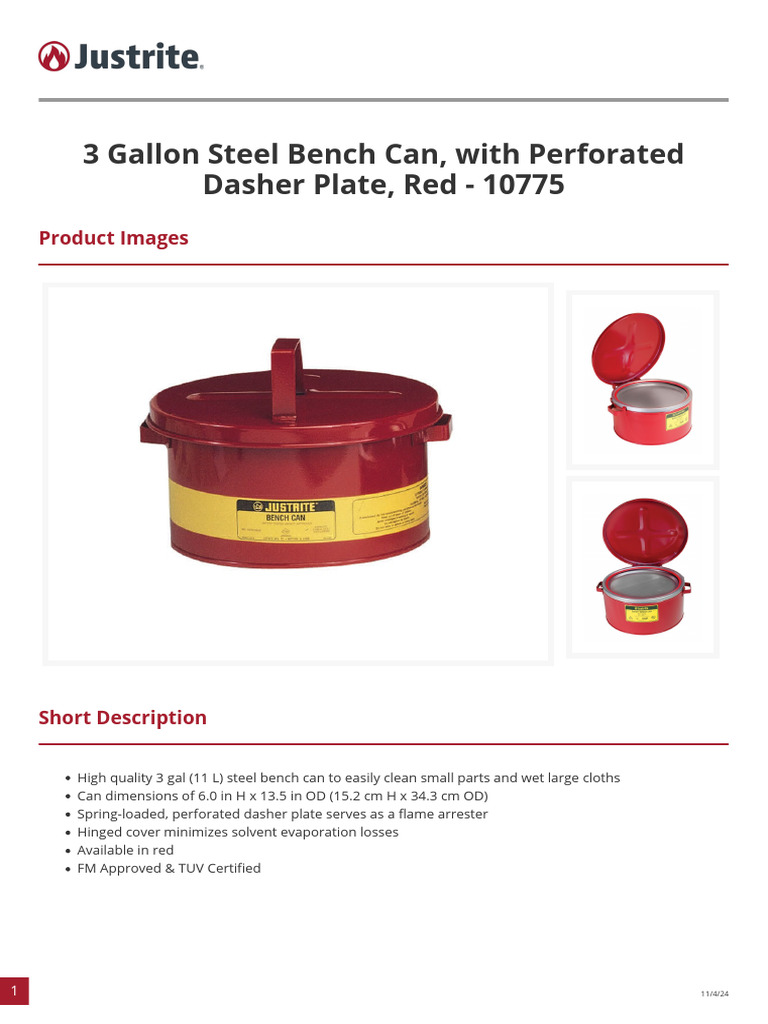 3 Gallon Steel Bench Can With Perforated Dasher Plate Red 10775 | PDF ...
