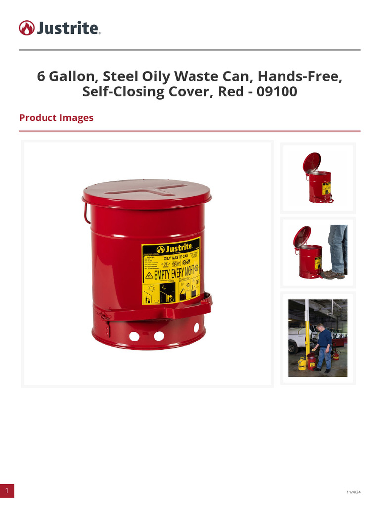6 Gallon Steel Oily Waste Can Hands Free Self Closing Cover Red 09100 ...