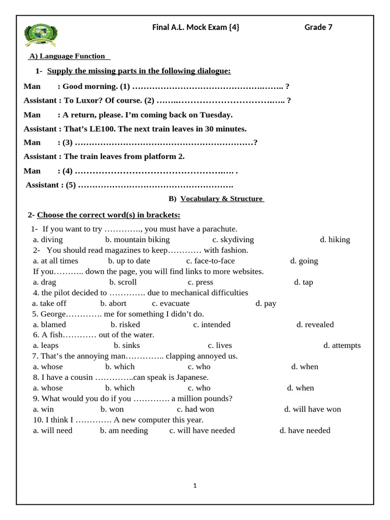 Grade 7 Final A.L. Mock 4 | PDF