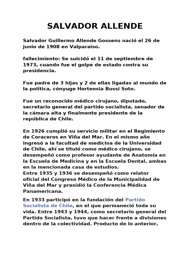 Salvador Allende: Historia y Partido Socialista | PDF | Gobierno | Chile