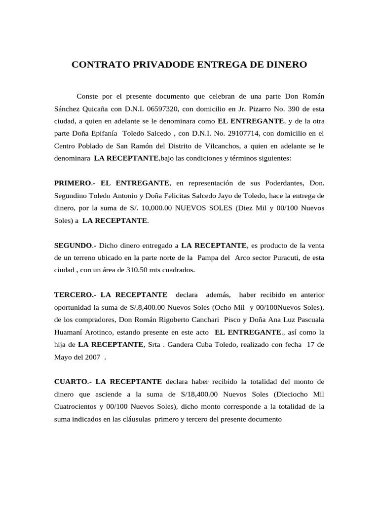 Contrato Privado de Entrega de Dinero | PDF