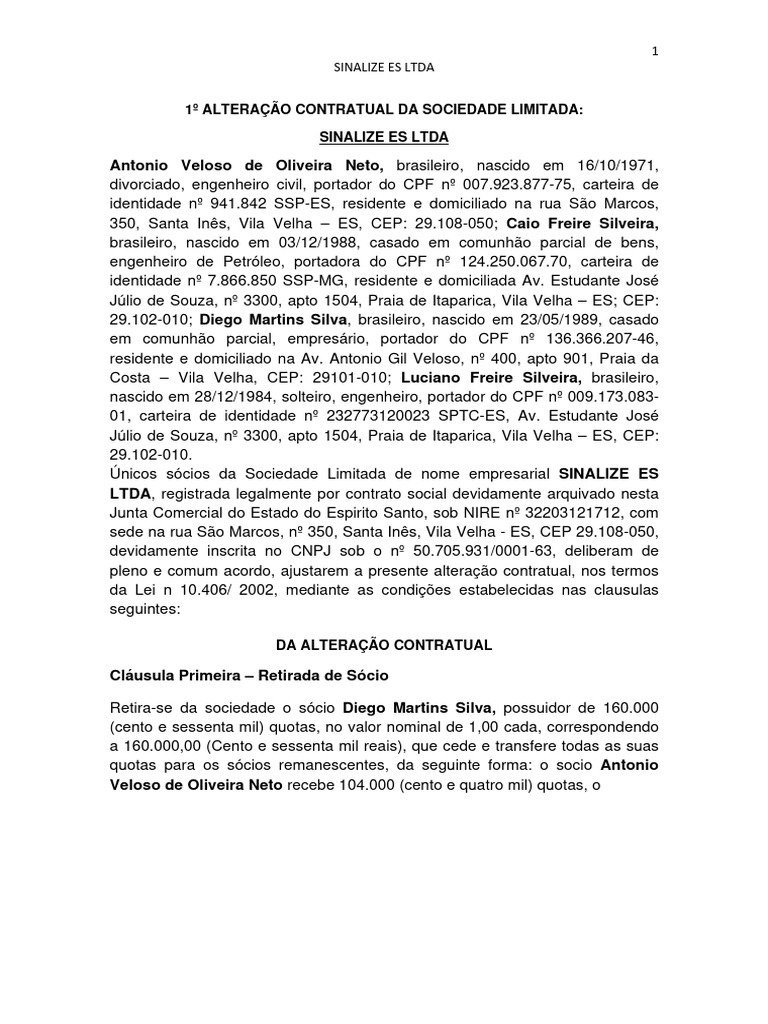 1 - Contrato Social 1º Alteração Contratual Deferida - Sinalize | PDF ...