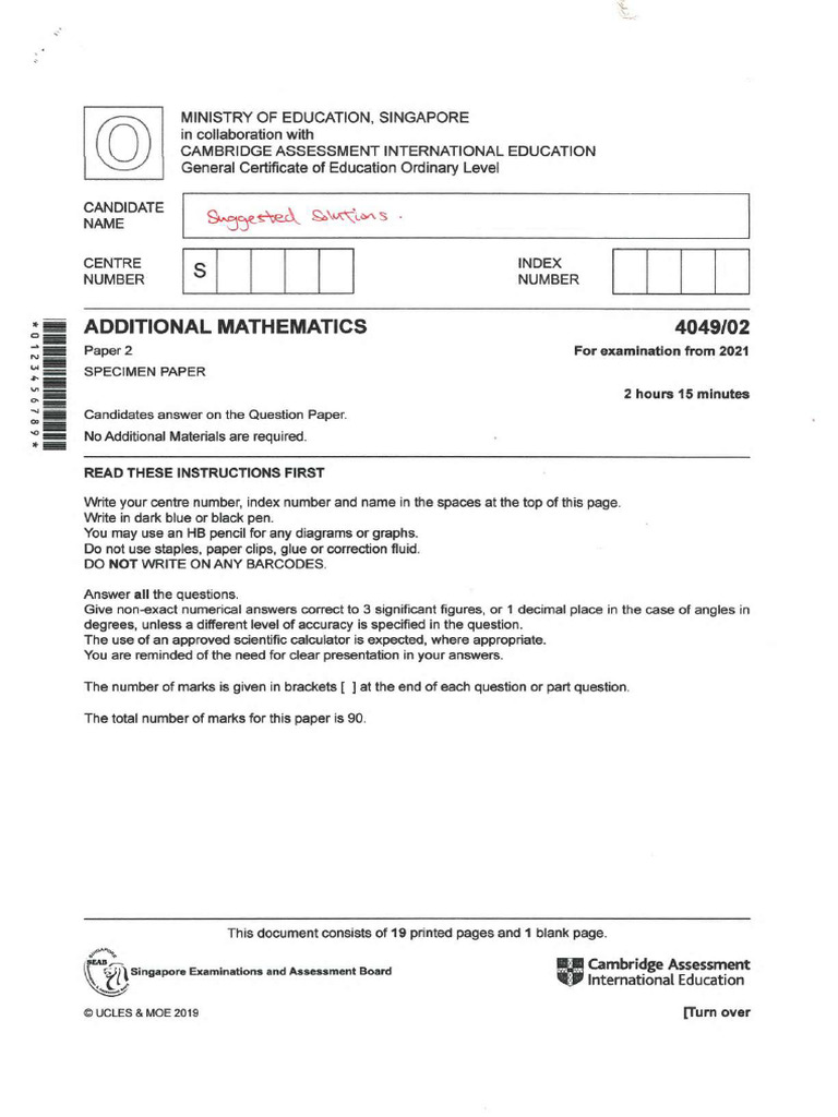 Additional Mathematics Specimen Paper 2021 | PDF | Mathematics