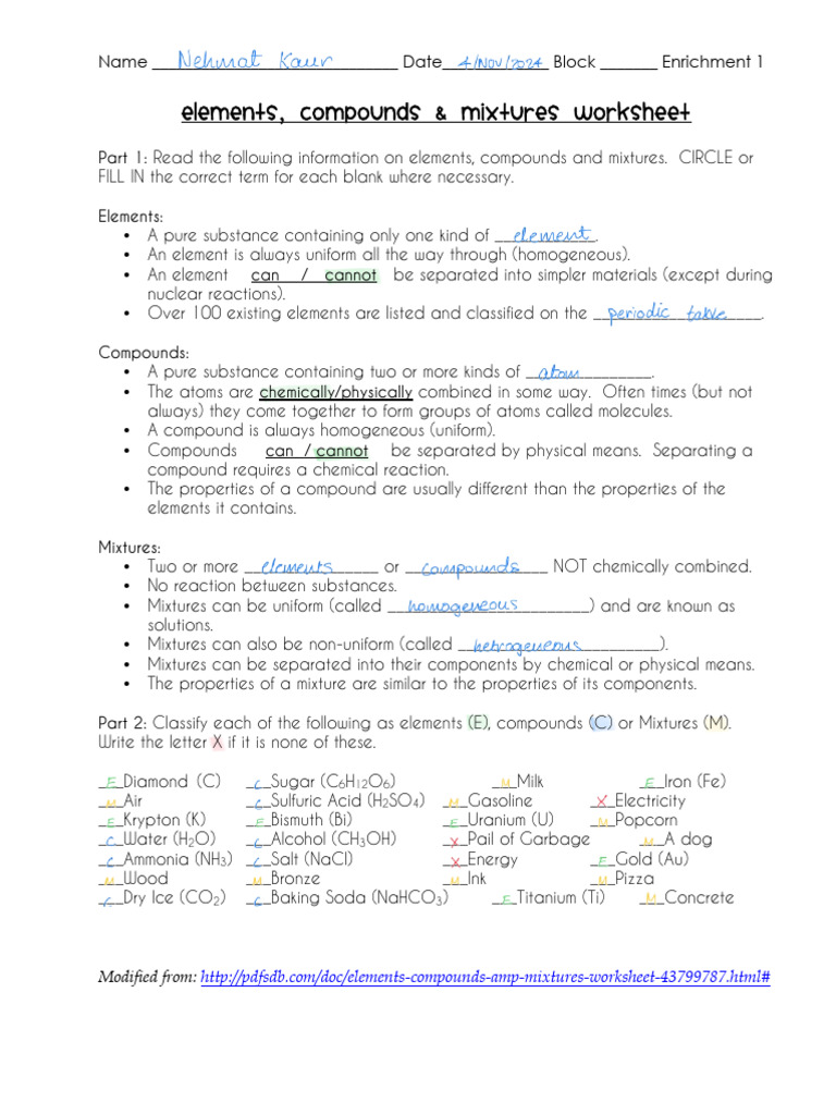 Elements Compounds Mixtures Worksheet Modified Barton | PDF | Mixture ...
